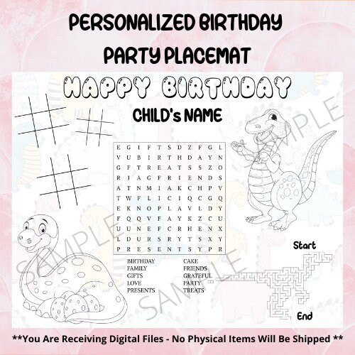 Printable Editable Birthday Party Placemat Dinosaur Theme Birthday ...