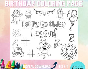 Personalized Bluey Placemat, Bluey Themed Worksheet, Coloring Activity ...