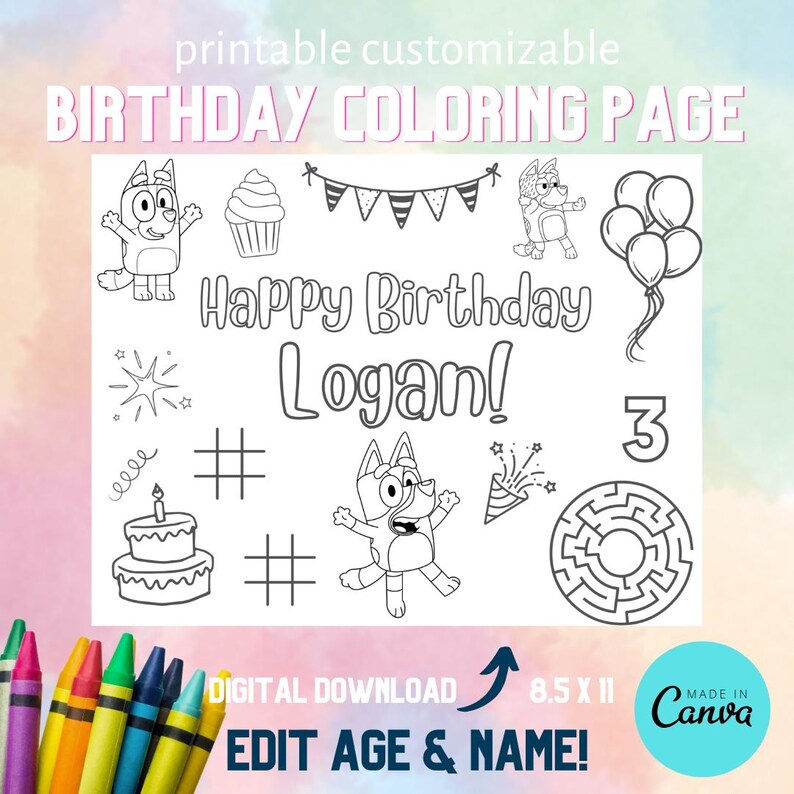 Bluey Themed Birthday Coloring Page Placemat Editable Download - Etsy