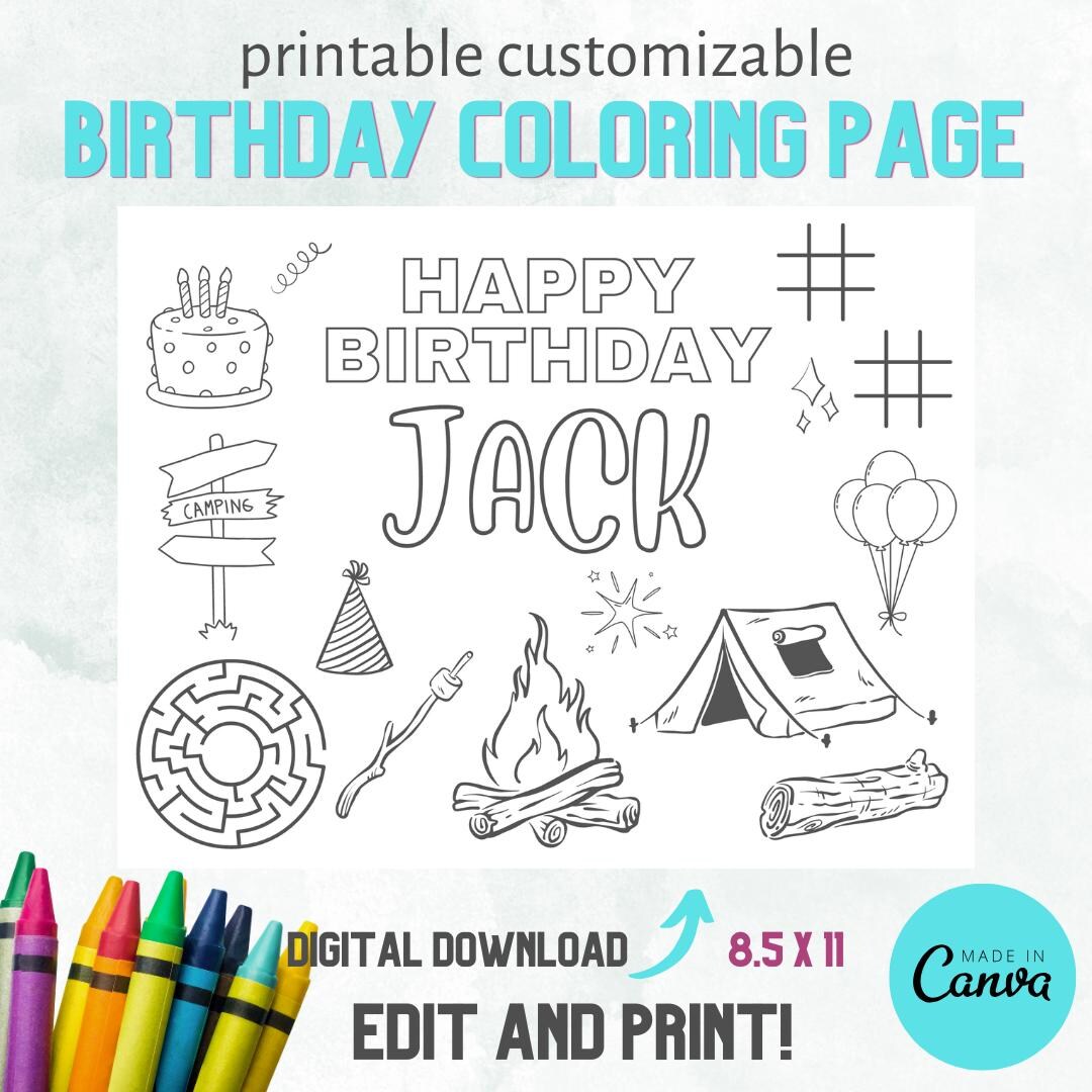 Camping Birthday Coloring Page Placemat Editable - Etsy