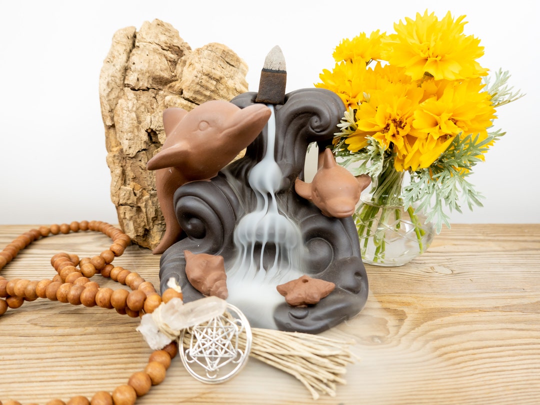 Playful DOLPHINS on a WAVE Ceramic Backflow Incense Burner | Waterfall ...