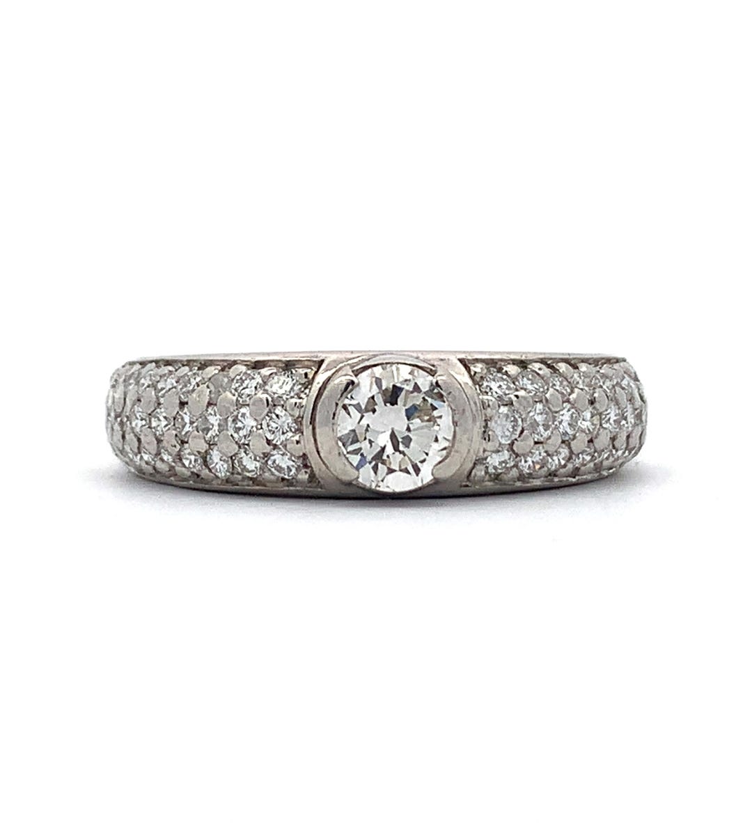 Platinum Half Bezel Round Brilliant & Pave Round Diamond 1ctw Band Ring ...