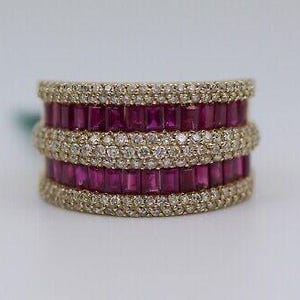 New Effy 14k Yellow Gold Baguette Red Ruby and Round White Diamond Ring ...