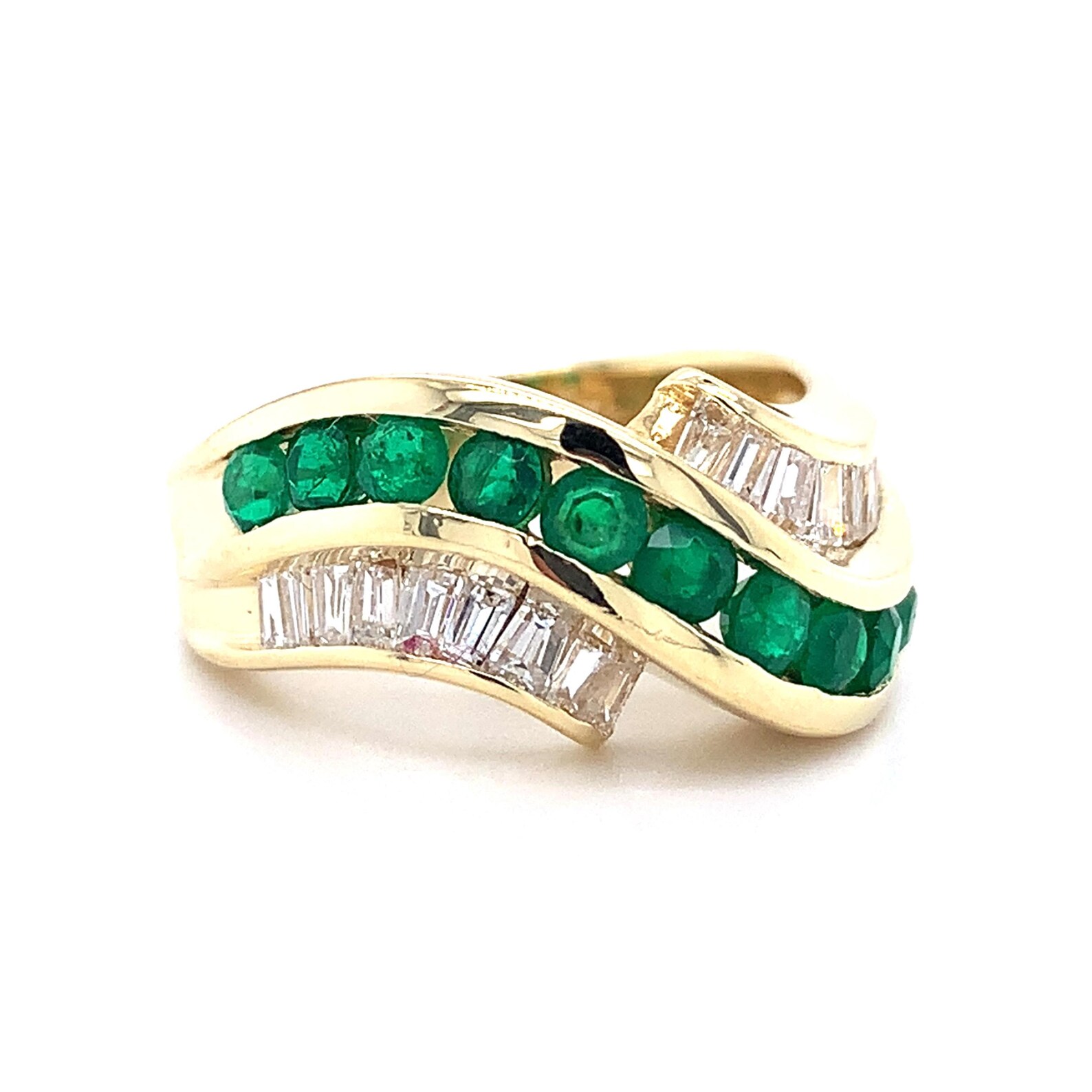 Vintage 18k Yellow Gold Round Emerald and Diamond Wave Bypass Channel ...