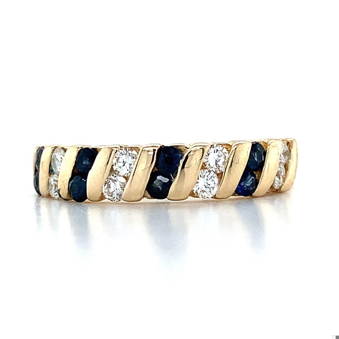 14k Yellow Gold Round Cut Blue Sapphires & Round Diamond Slanted Band ...