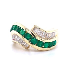 Vintage 18k Yellow Gold Round Emerald and Diamond Wave Bypass Channel ...