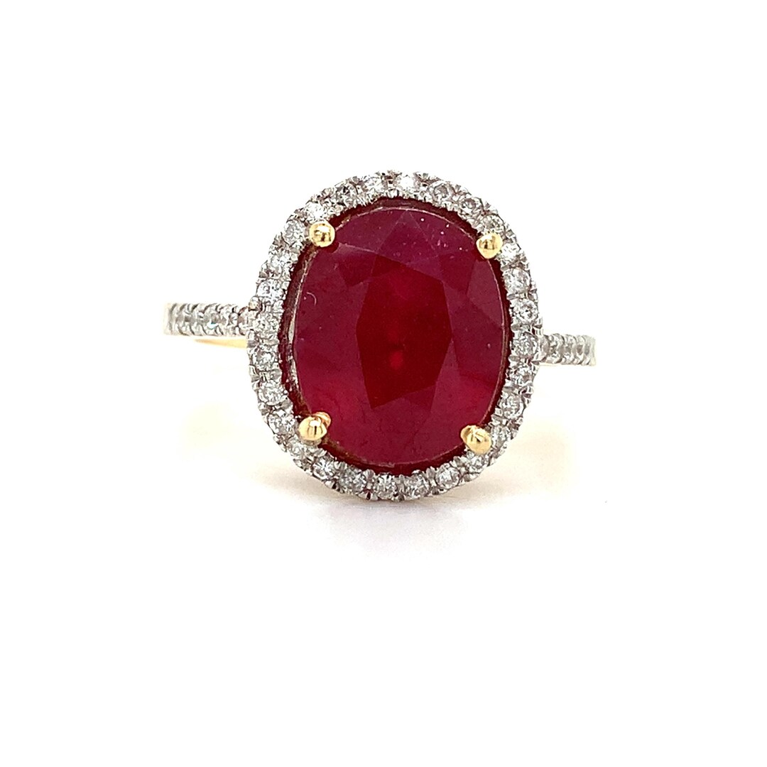 Kallati 14k Yellow Gold Oval Glass Filled Red Ruby & Diamond Halo ...
