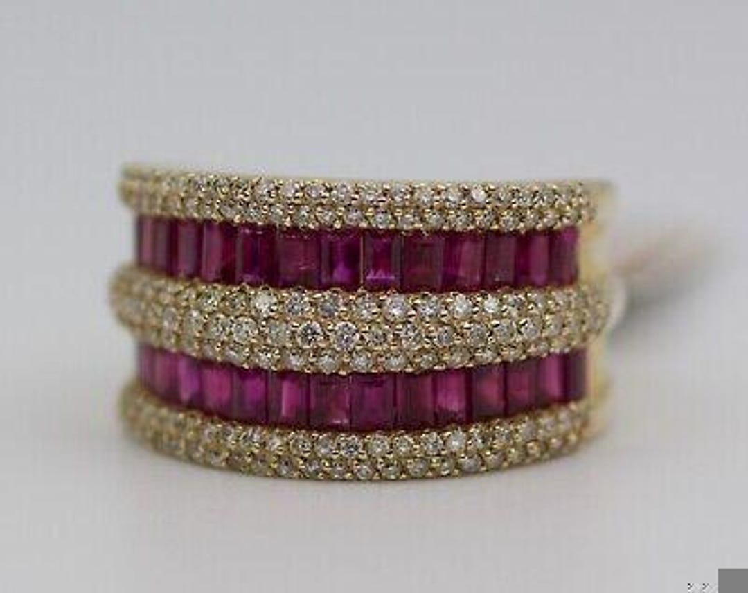 New Effy 14k Yellow Gold Baguette Red Ruby and Round White Diamond Ring ...