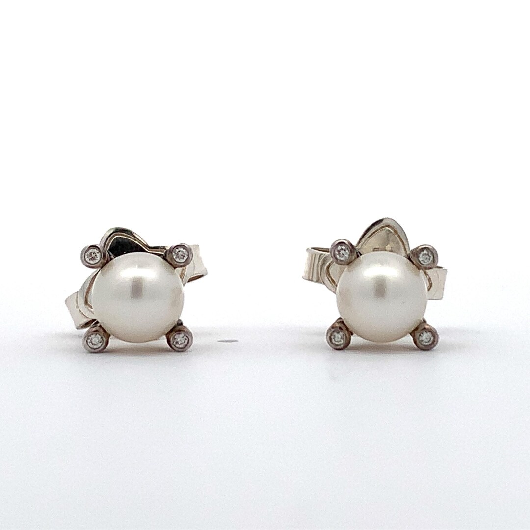 Dy Cable Sterling Silvert White Pearl & Diamond W/14ky Gold Post Stud ...
