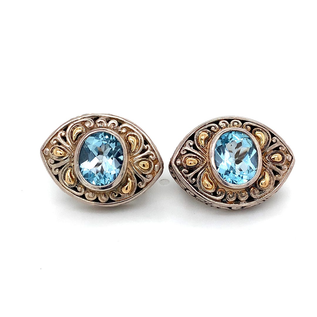 Samuel B Behnam BJC 18k Yellow Gold/925 Silver Blue Topaz Vintage Stud ...