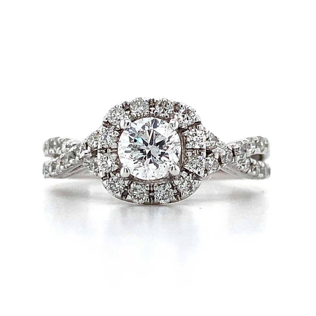 14k White Gold Round Center With Round Diamond Halo Twisted Shanks Ring ...