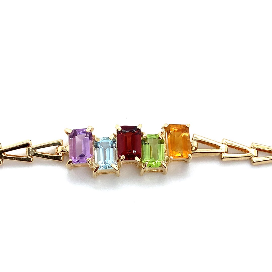 14k Yellow Gold Emerald Cut Multi-color Gemstones Triangle Link Chain ...