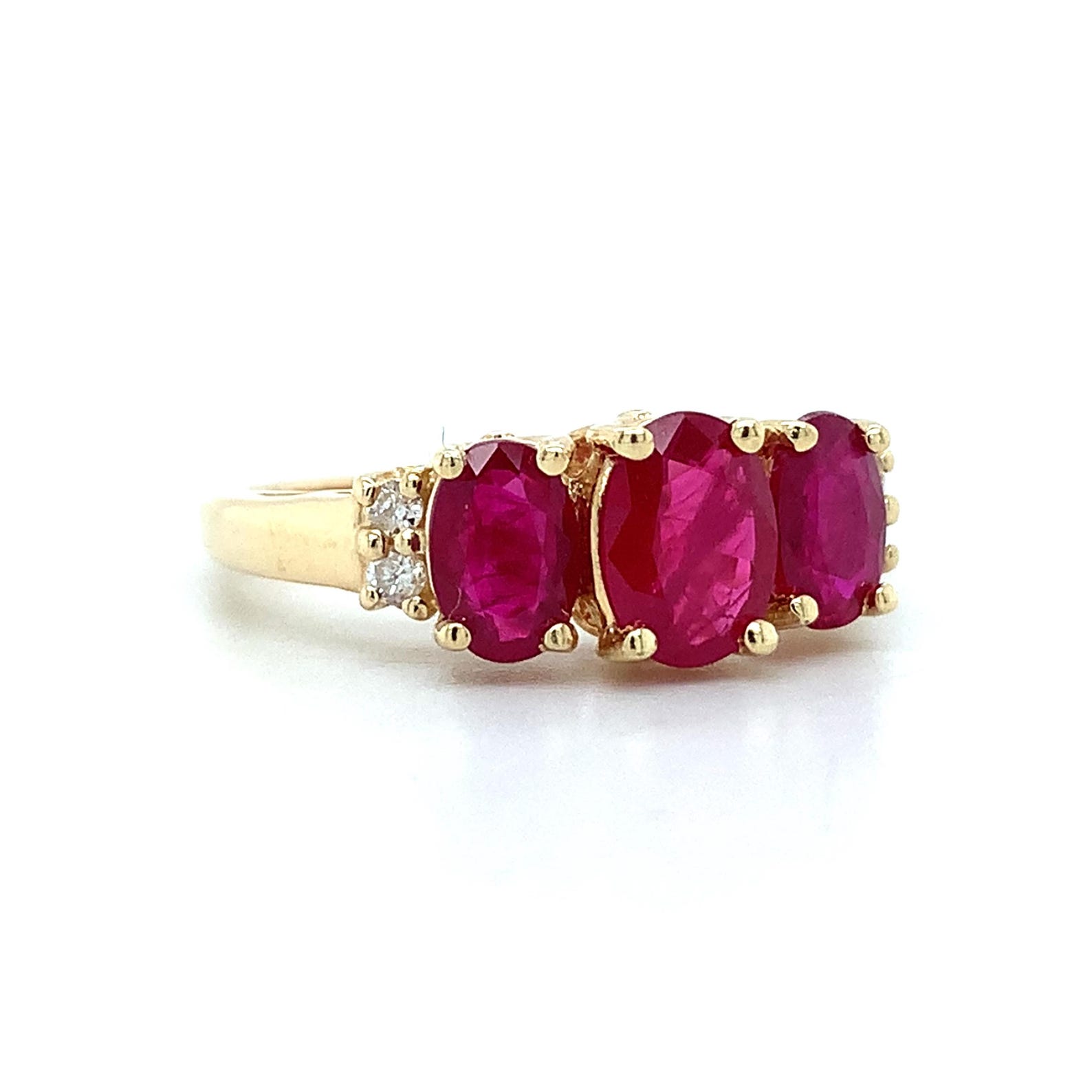 14k Yellow Gold Red Ruby 3 Stone Oval W/ .08ct Diamond Band Ring Size 6 ...