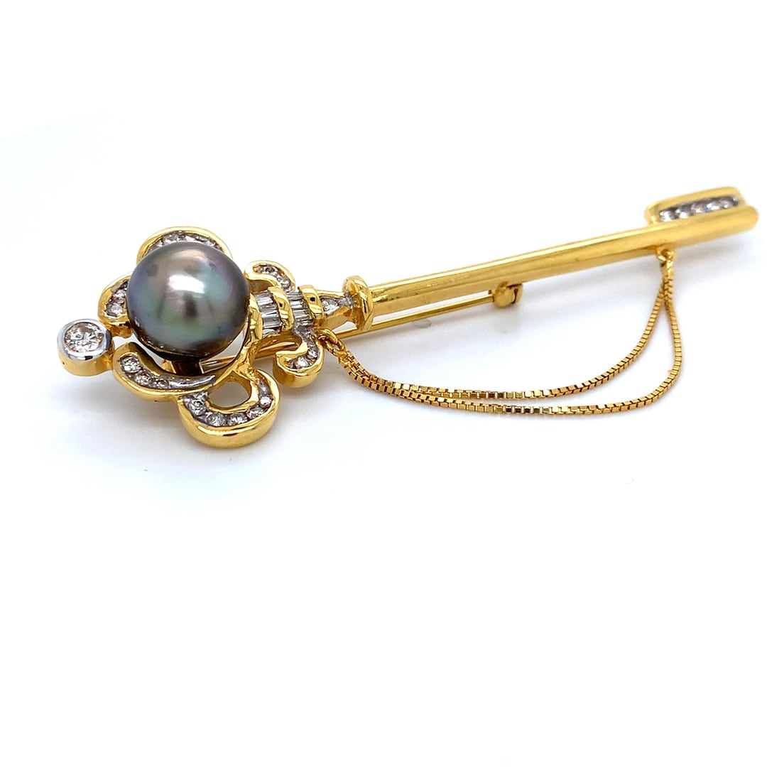 Vintage 14k Gold Scrollwork Skeleton Key Lapel Pin With Black Pearl ...