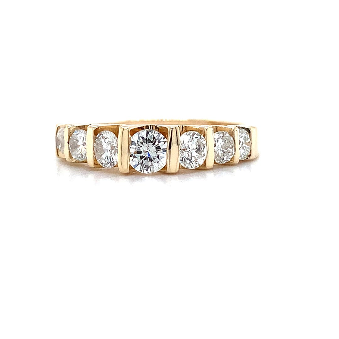 14k Yellow Gold Bar Set Graduated Round White Diamond Step up Band Ring ...