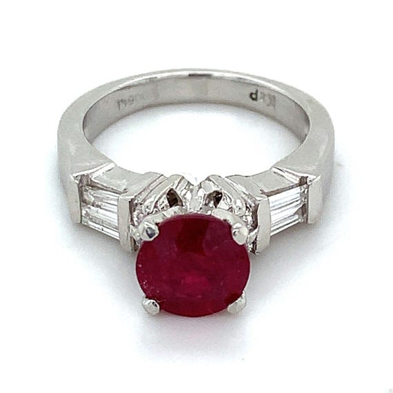 Platinum Round Filled Red Ruby W/ Round & Baguette Cu… - Gem