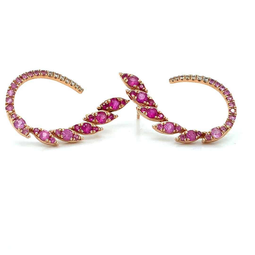 14k Rose Gold Pink Sapphire Ruby & Diamond Open Pear-shaped Post ...