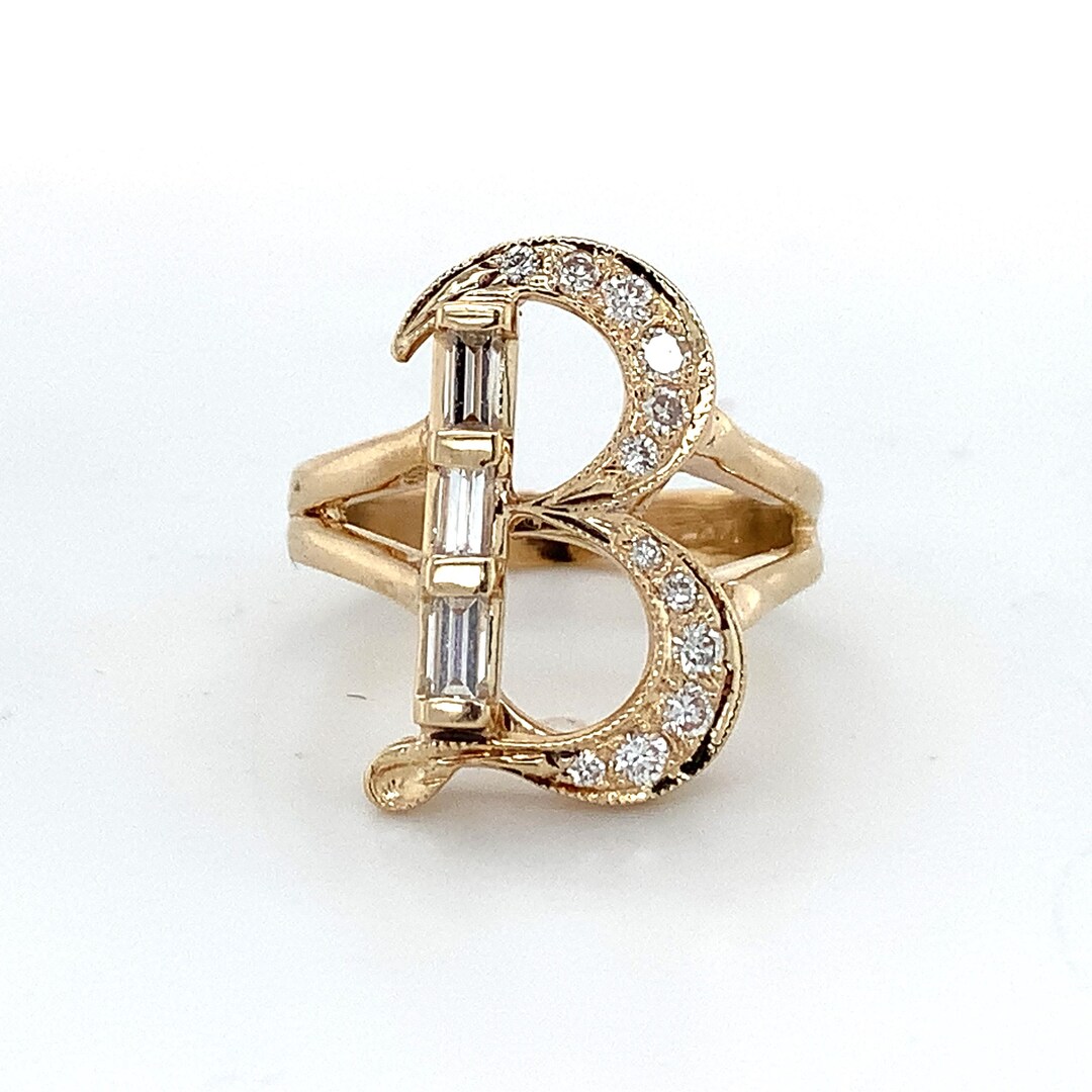 14k Yellow Gold b Initial Baguette & Round White Diamond Ring Size 5 - Etsy