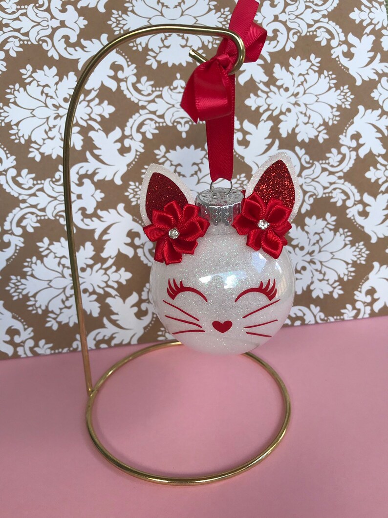Red and White Cat Glitter Ornament - Etsy