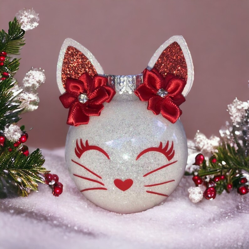 Red and White Cat Glitter Ornament - Etsy