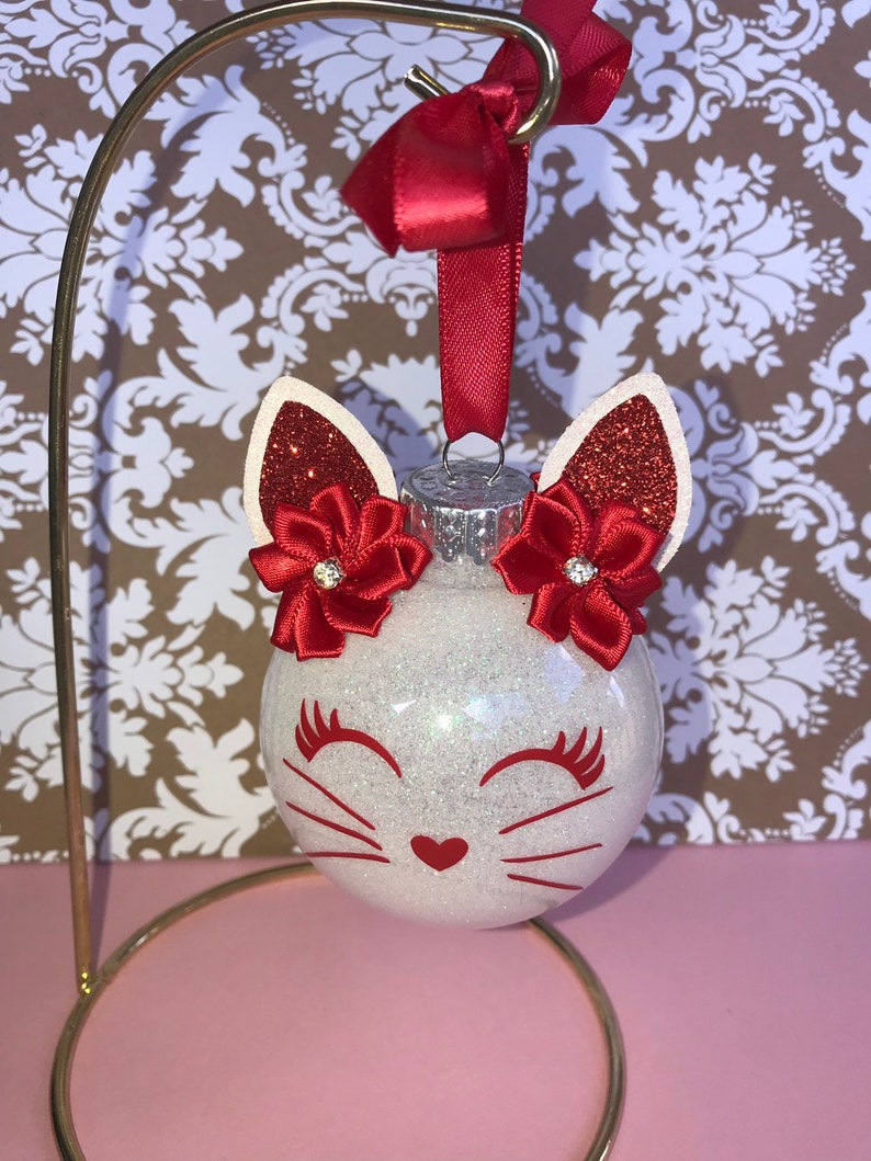 Red and White Cat Glitter Ornament - Etsy