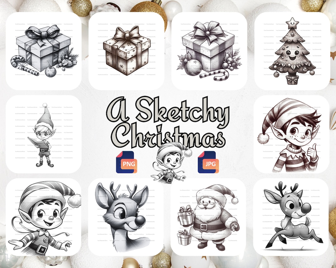 Christmas Pencil Sketch Characters PNG Jpg Xmas PNG Jpg Santa Sketch ...