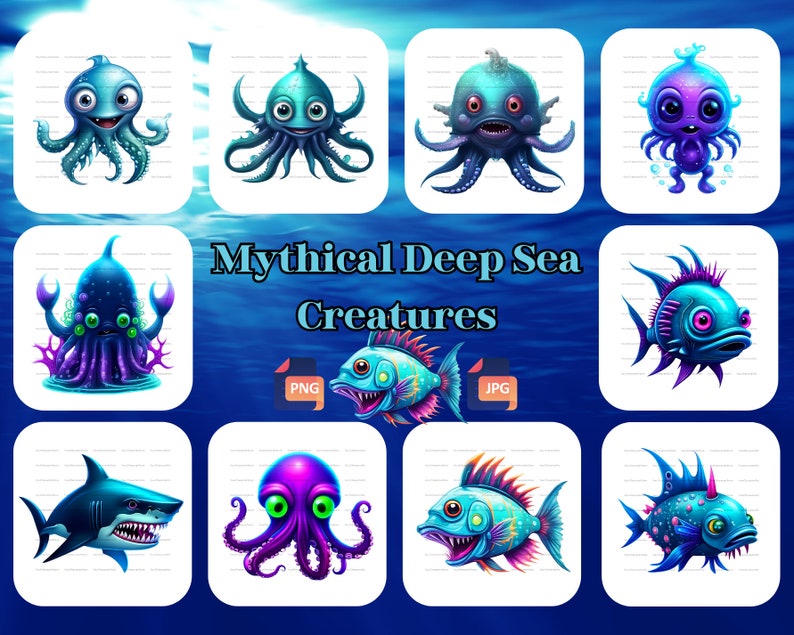 Mythical Deep Sea Creatures Cartoon Character PNG Jpg | Mythical PNG ...