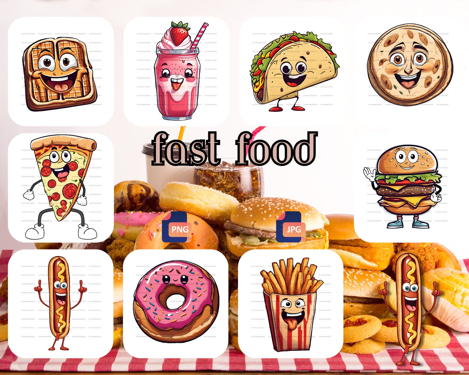 Fast Food Cartoon Character PNG Jpg | Burger PNG Jpg | Fries Clipart ...