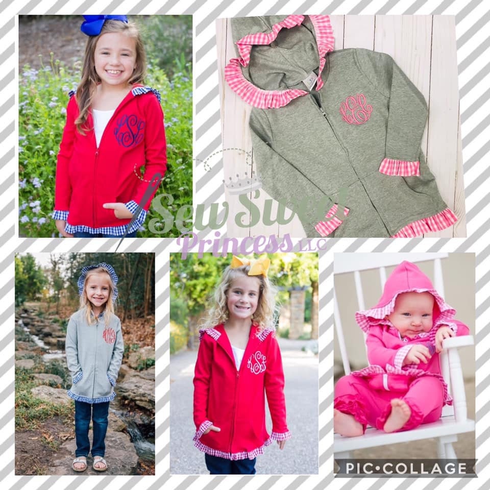 Girls MONOGRAM Gingham Ruffle Hoodie, Lightweight Jacket, Coat ...