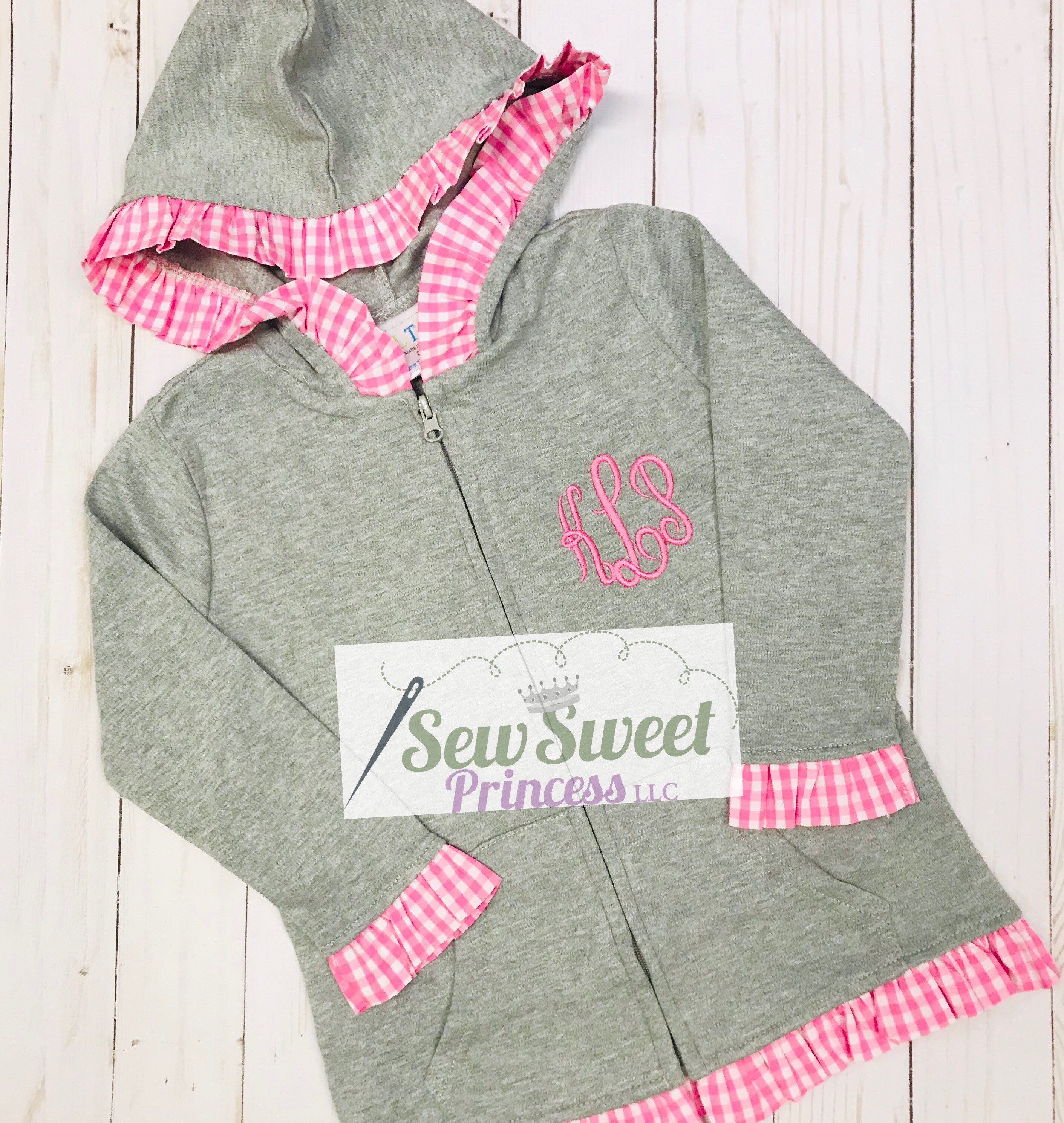 Girls MONOGRAM Gingham Ruffle Hoodie, Lightweight Jacket, Coat ...
