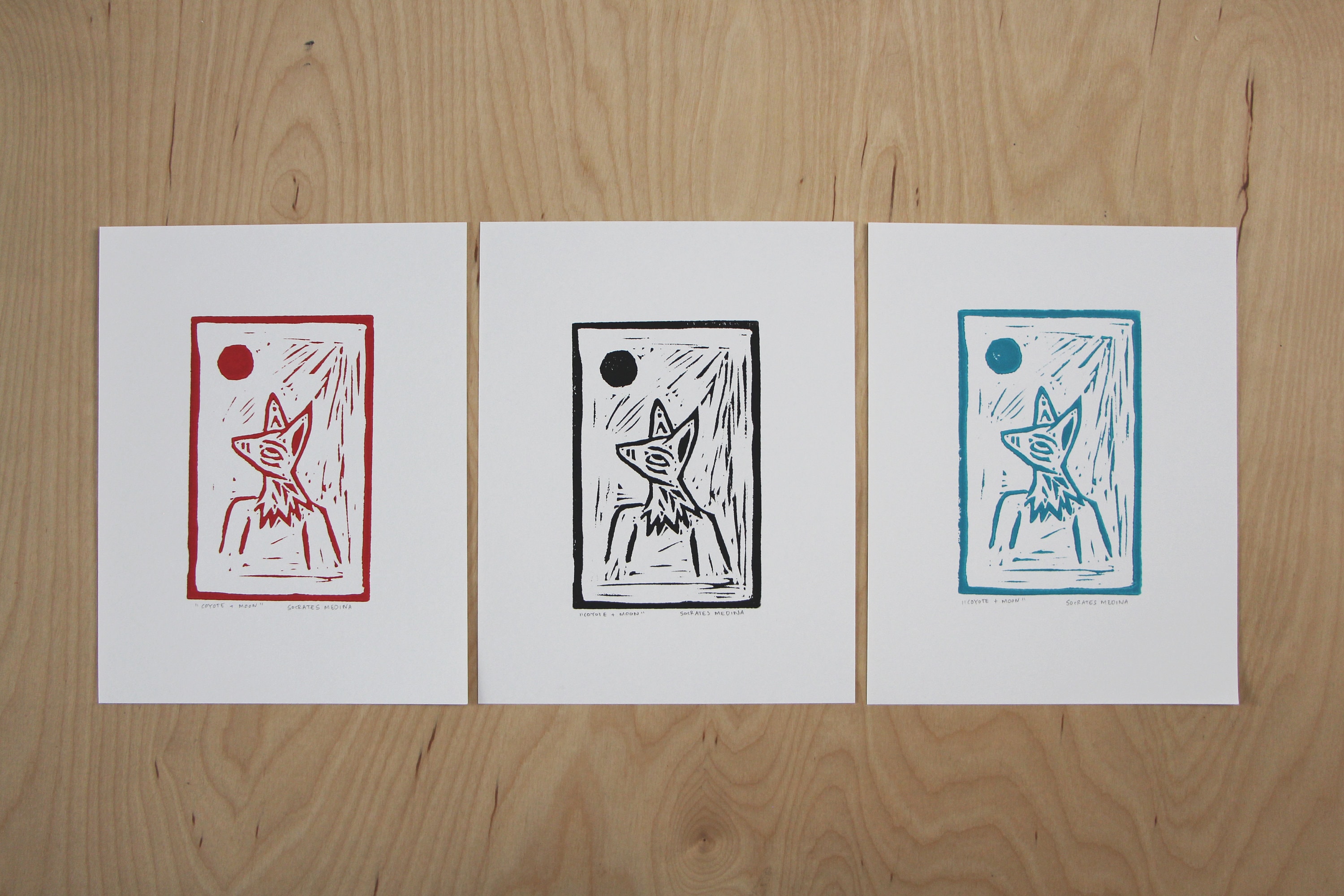 Prints Wood & Linocut Prints Coyote moon phases linocut print Art ...