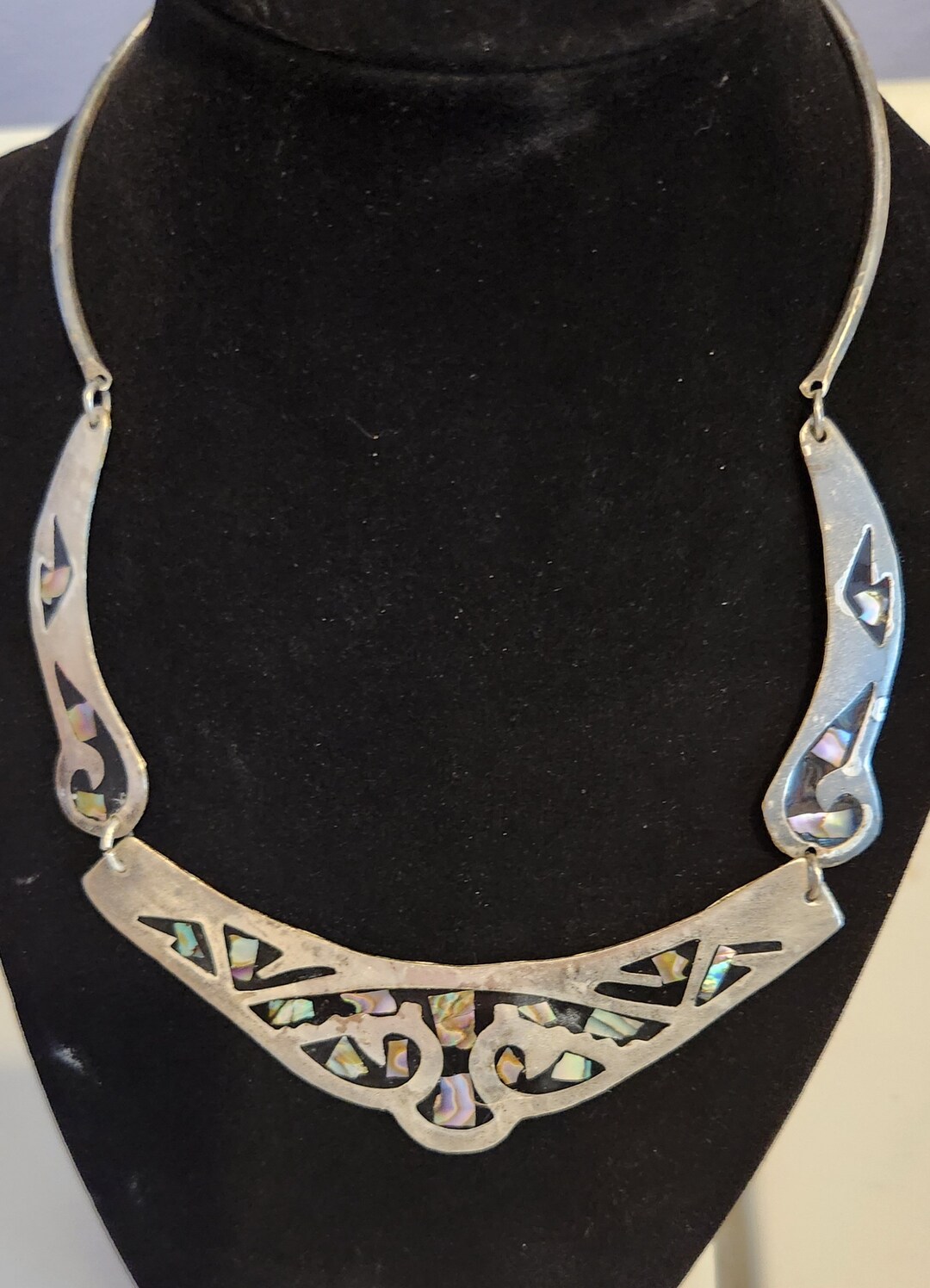 Vintage Mexican Alpaca Silver Abalone Shell Inlay 16” Curved Segmented ...