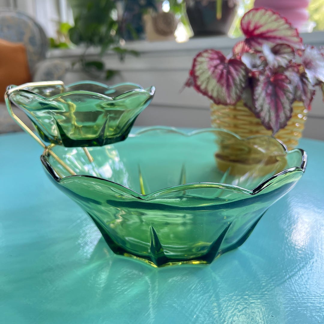 Vintage Green Glass Chip and Dip Set Retro Mid Century Anchor Hocking ...