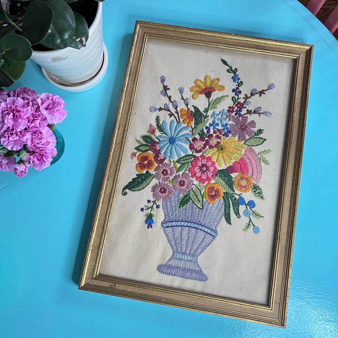 Vintage Framed Crewel Picture - Crewel Embroidery Flower Framed Art ...