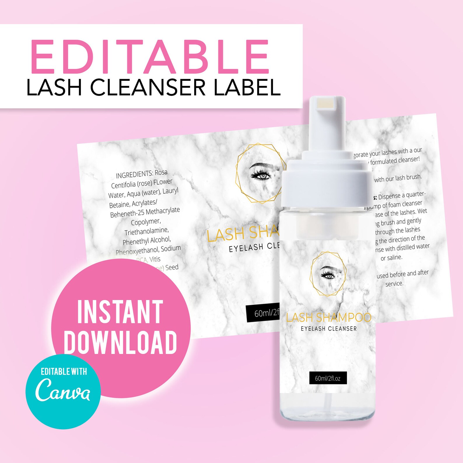 DIY Editable Eyelash Eyelash Cleanser Foam Bottle Label, Lash Bath ...