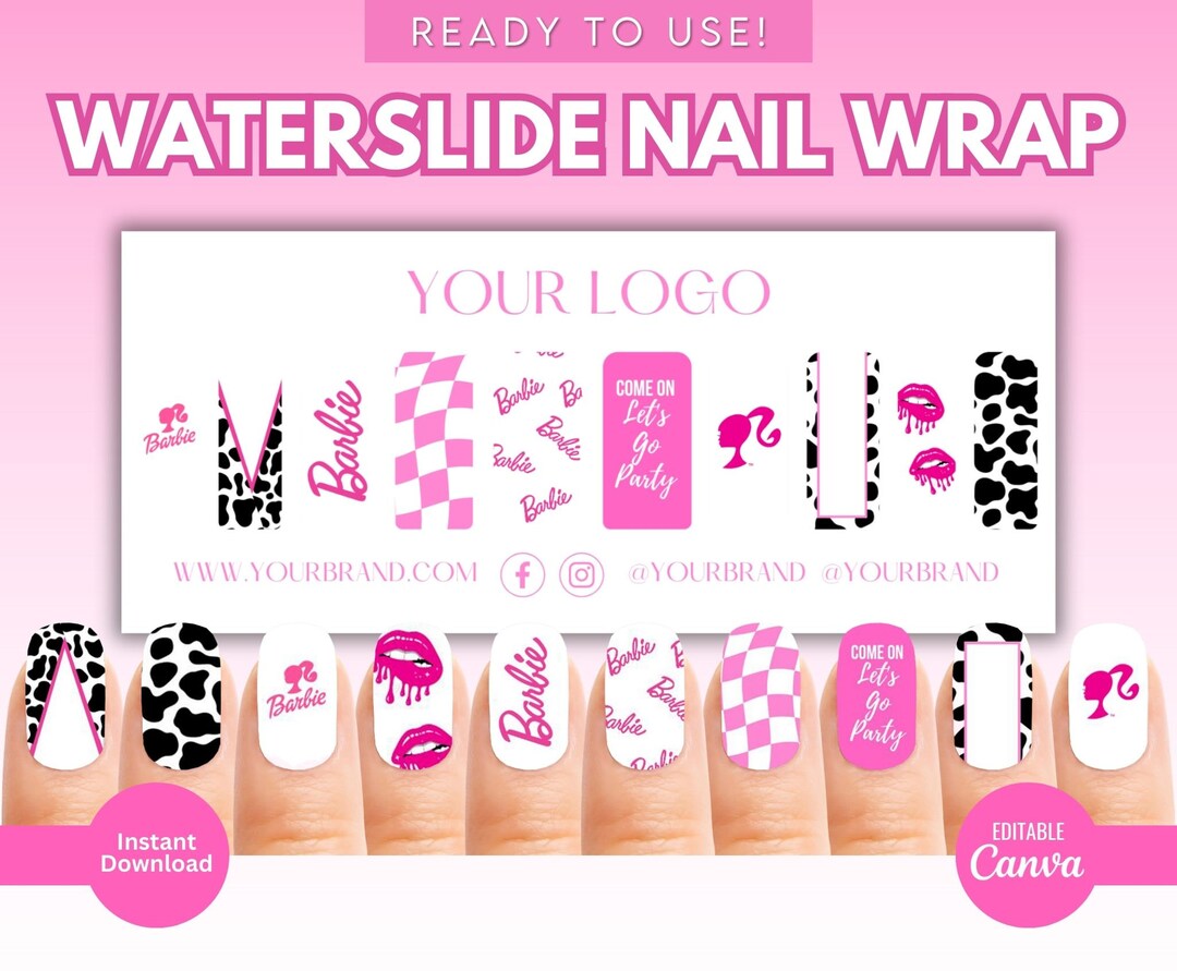 Waterslide Nail Decals, Barbie, Barbie Nail Wrap, Nail Design Template ...