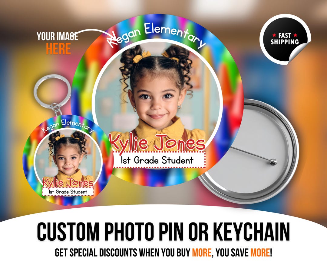Kids Photo Button, School Name Tag, Kids Name Badge, Custom Keychain ...
