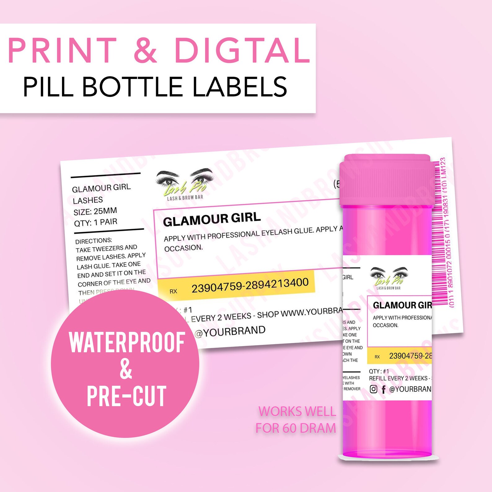 Custom Pill Bottle Lash Labels Editable Digital and Print | Etsy