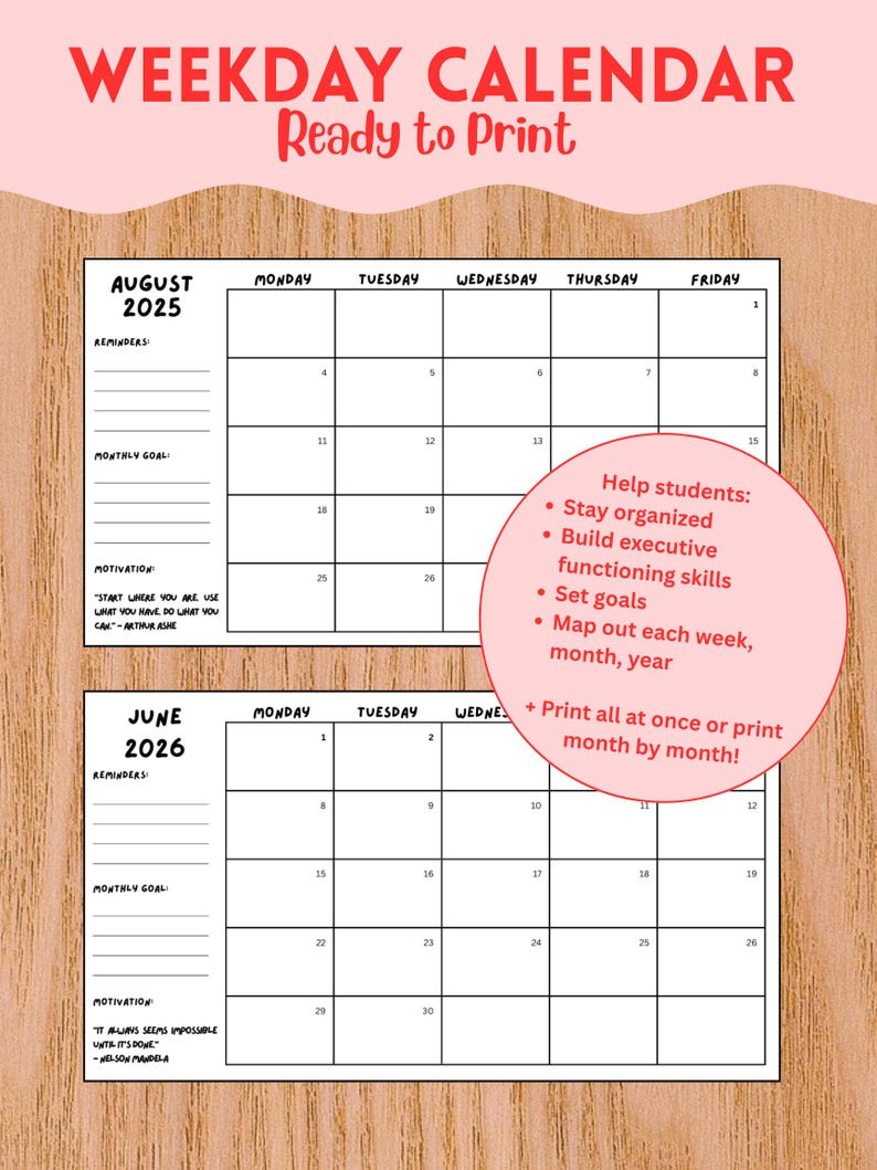 Weekday Calendar 2025-26 School Year - Help Students Stay Organized ...
