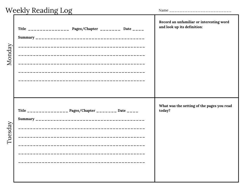 Weekly Reading Log (monday to Thursday) - Great for Upper Elementary ...