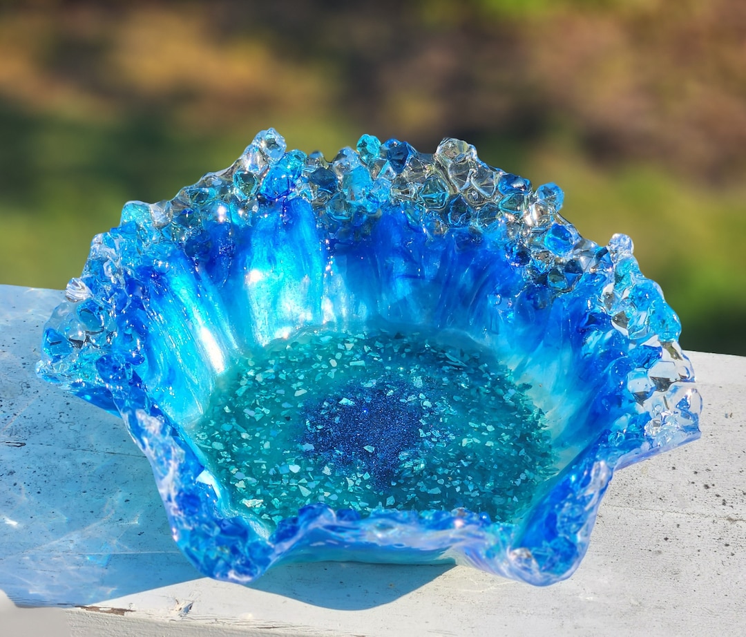 Decorative Turquoise Blue Resin Bowl With Crashed Glass , Handmade ...