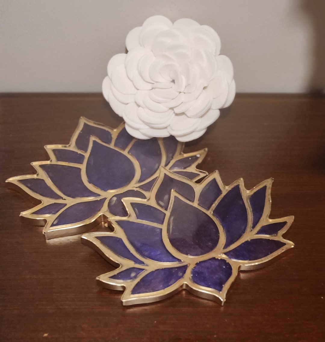 Lotus Flower Resin Coasters Candle Holder , Handmade Floral Coaster Set ...