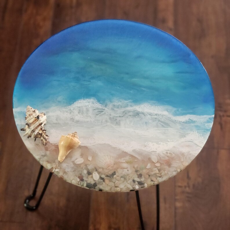 Coastal Resin Side Table, Folding Ocean Waves Resin Coffee Table With ...