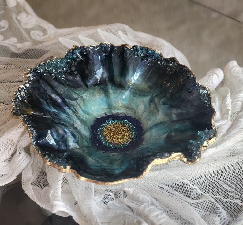 Unique Blue Resin Bowl With Crashed Glass, Handmade Evil Eye Serving ...