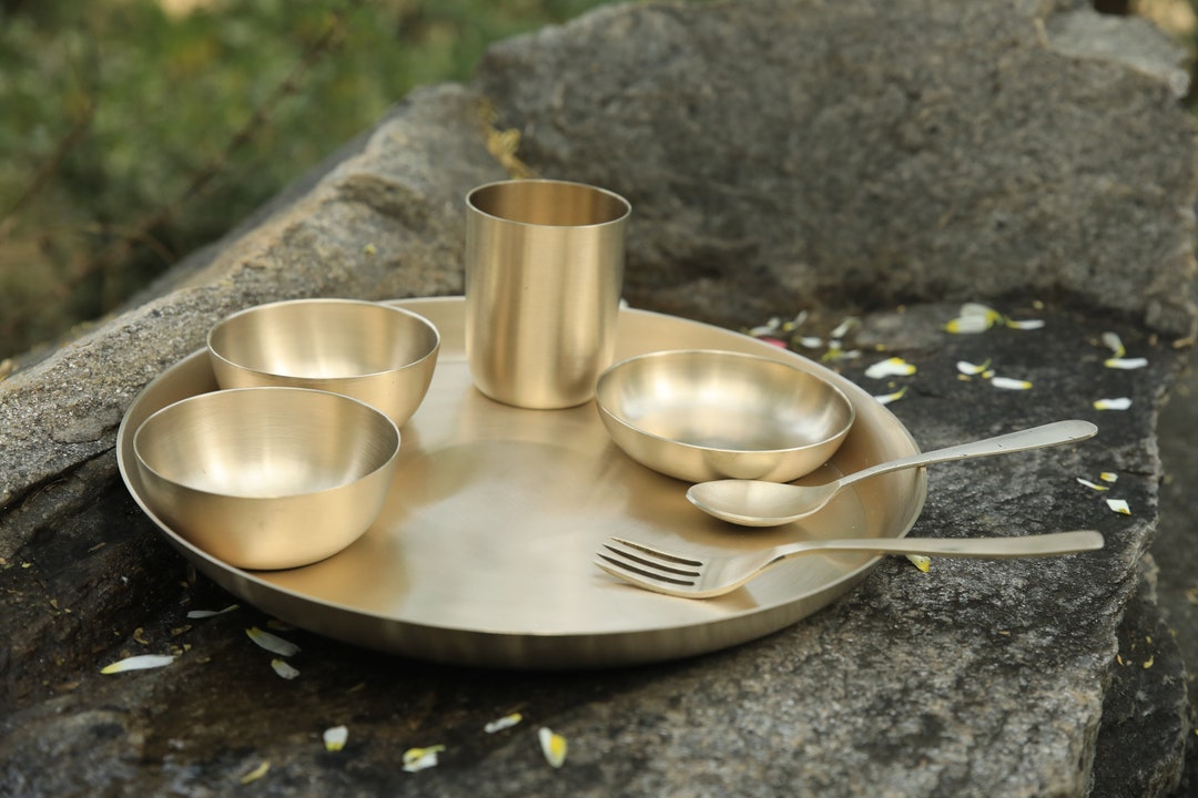 Pure Bronze Ayurveda Dinner Set 6pcs Broze Gold Tumbler Bowl Spoon ...