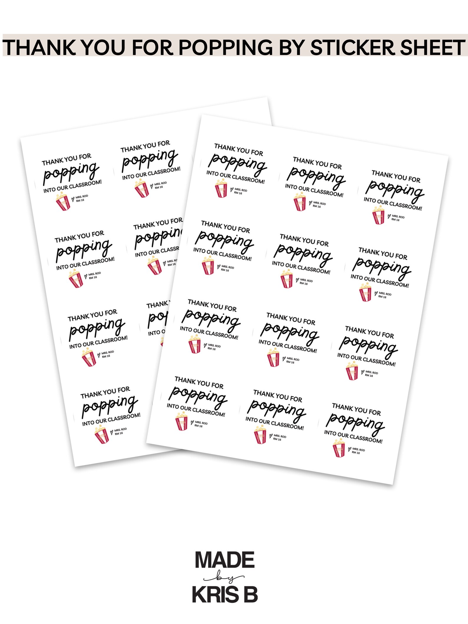 Thank You for Popping Into Our Classroom Sticker, Sticker Sheet, First ...