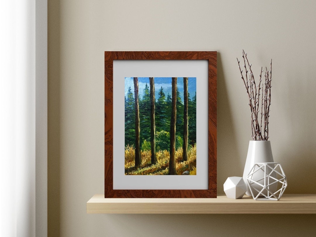 Tall Trees Cast Shadows in Thick Evergreen Forest Oil on Canvas Matted ...