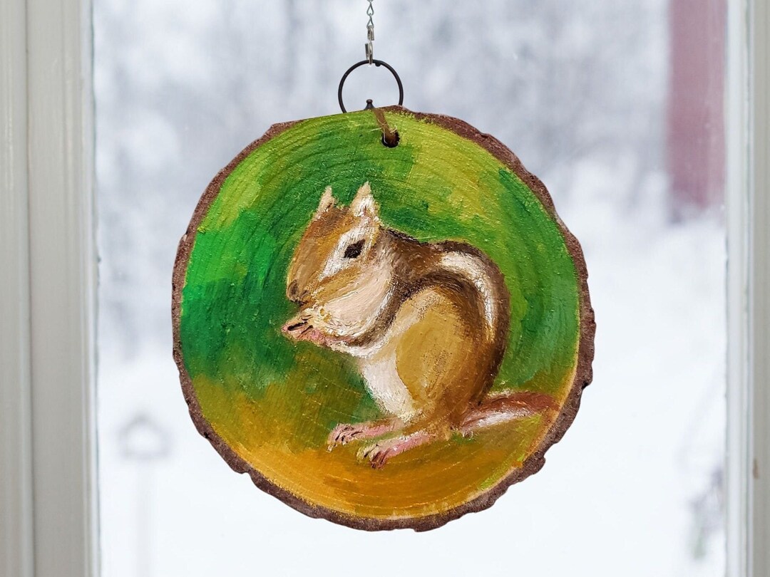 Hand Painted Chipmunk Small Space Wall Art, Wooden Disc Ornament ...