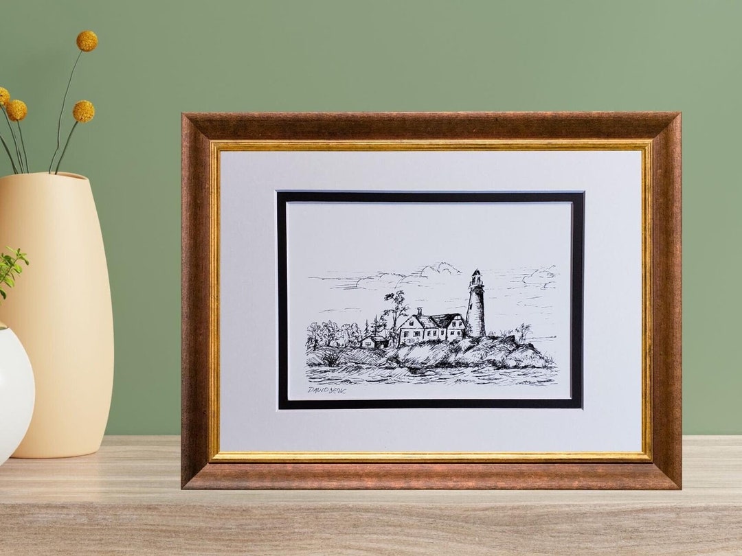 Coastal Lighthouse Hand Drawn Matted Maritime Wall Art Pen & Ink Black ...