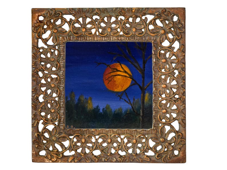 Harvest Moon Mini Oil Painting, Forest Sky, 4x4 Full Moon Small Nature ...